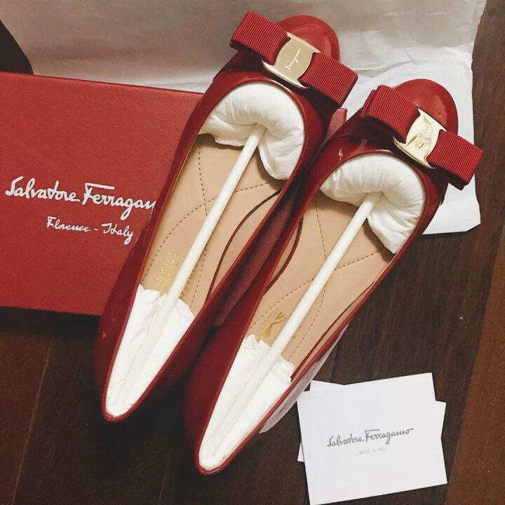 SF bowknot women's ferr agamoˉ2023 new round toe shallow mouth leather flat shoes women's middle ...