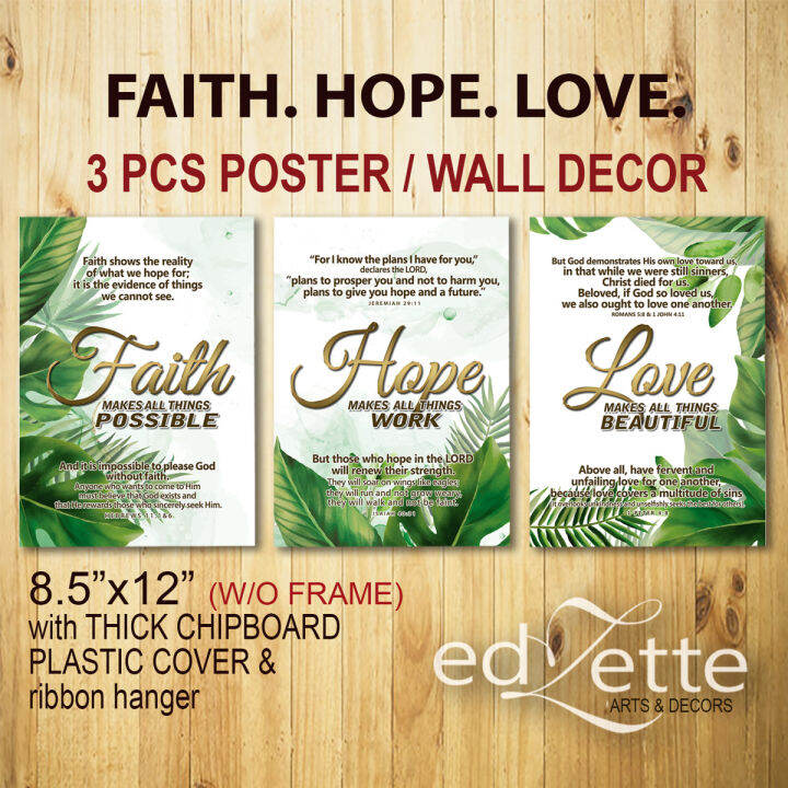 FAITH HOPE LOVE - 3 pcs BIBLE VERSE WALL DECOR - POSTER w/ THICK CHIP ...