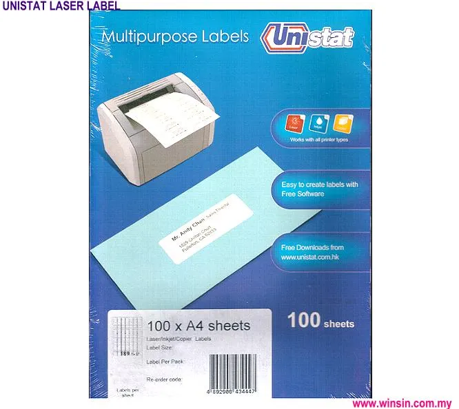 UNISTAT LASER/INKJET/COPIER 3 in 1 LABEL 100 sheets A4 Unistat label suitable for laser, inkjet ...