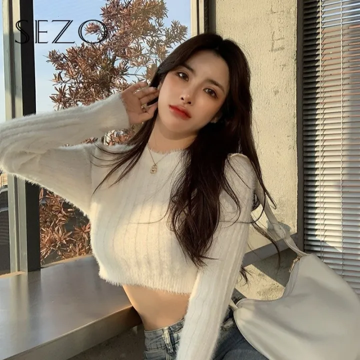 SEZO เสื้อสเวตเตอร์ถักแขนยาวคอกลมเกาหลีสำหรับผู้หญิง | Lazada.co.th
