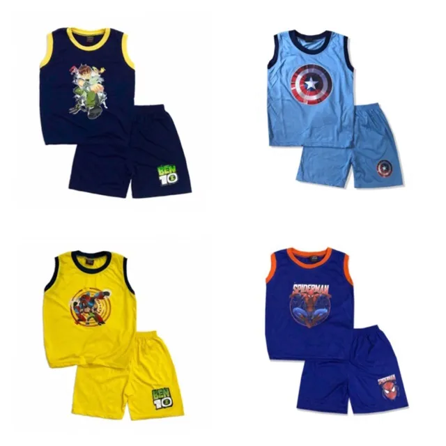 kids boys assorted color design print sando+short set cotton round neck ...