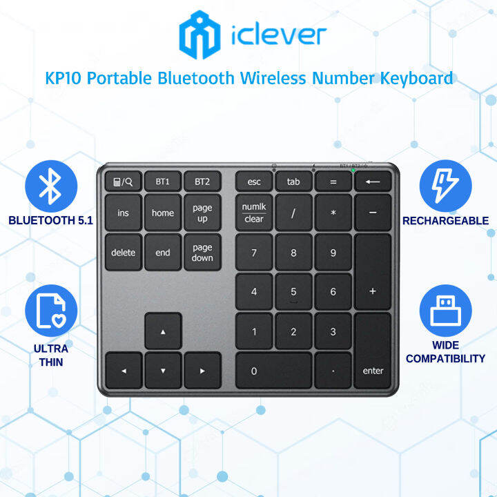 iClever KP10 Bluetooth Number Pad, Multi-Devices Wireless Number Pad, USB-C Rechargeable ...