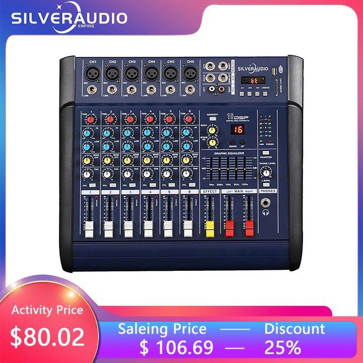 GAX-602D 48V Phantom Power Mixer USB 6 Channel Amplifier DJ Karaoke ...