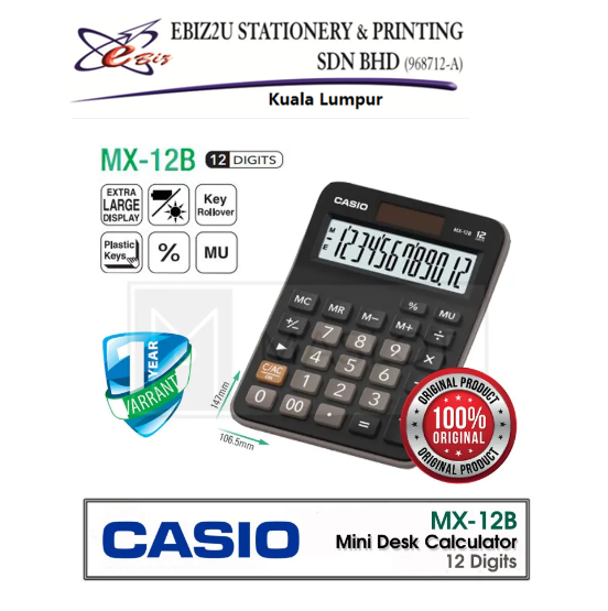 Casio MX-12B 12 Digit Calculator (2 Way Power) ( ORIGINAL ) | Lazada