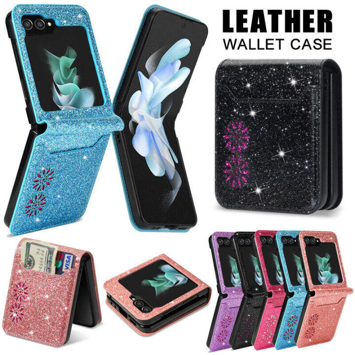 For Samsung Galaxy Z Flip 5 3 4 5G 2023 2022 2021 Case Leather Wallet Card Flip Glitter Cover ...