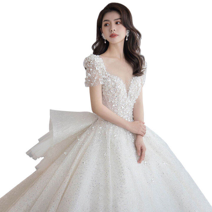 Elegant Sexy Deep V Neck Wedding Dress Luxury Sequin Applique Princess
