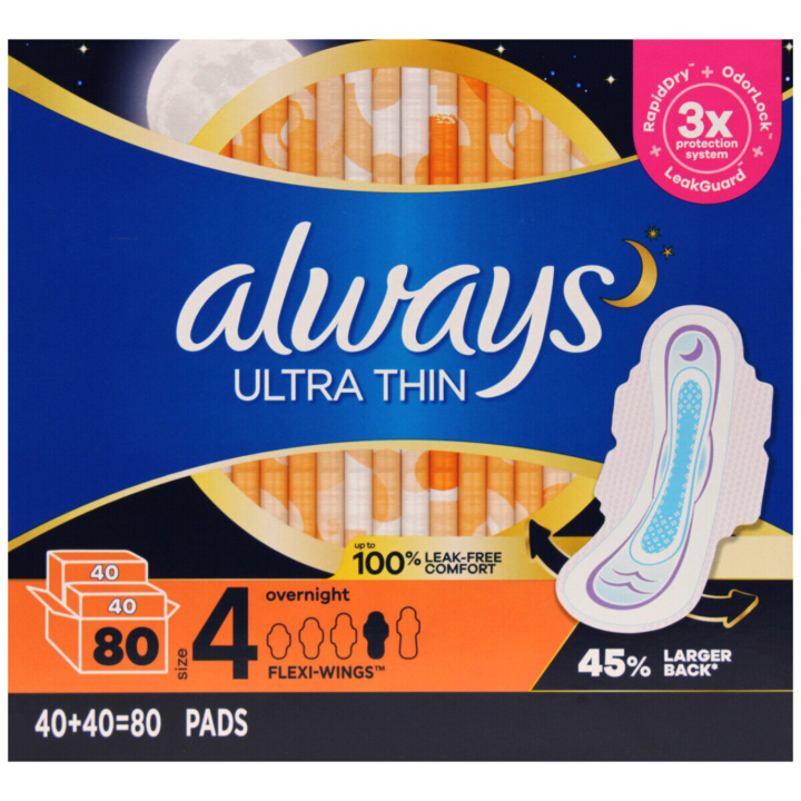 Always Ultra Thin 45% Larger Back Size 4 Overnight Flexi-Wings 80 Pads ... Always Ultra Thin 45% Larger Back Size 4 Overnight Flexi-Wings 80 Pads ...