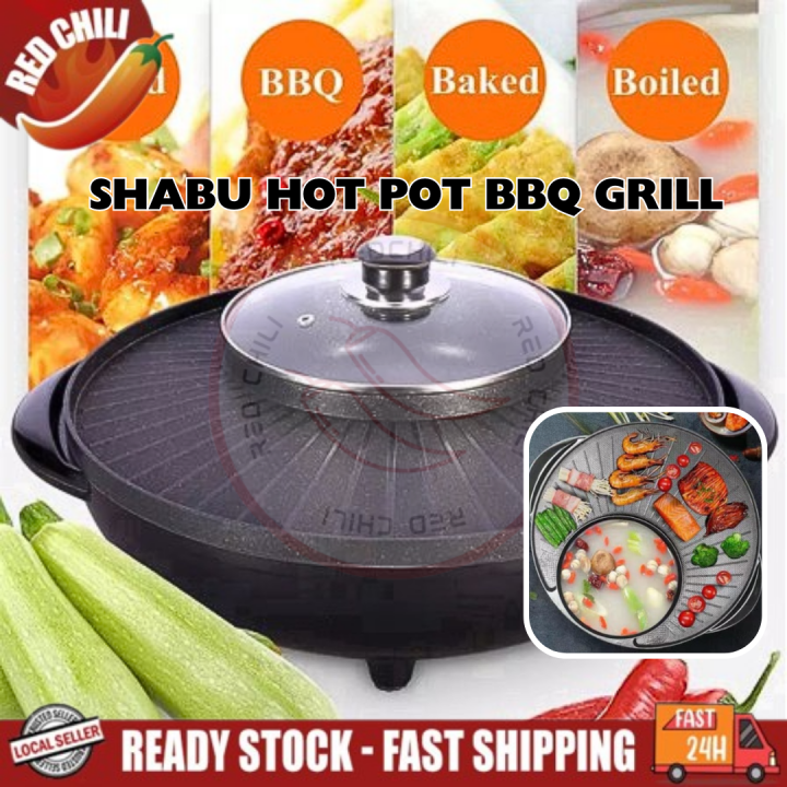REDCHILI (42cm) Premium 2-IN-1 Bbq Grill & Steamboat Hot Pot Shabu Roast Fry Pan Teppanyaki ...