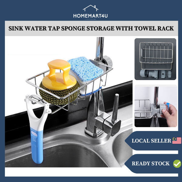 Sink Water Tap Sponge Storage with Towel Rack Bekas Sabun Basuh Pinggan ...