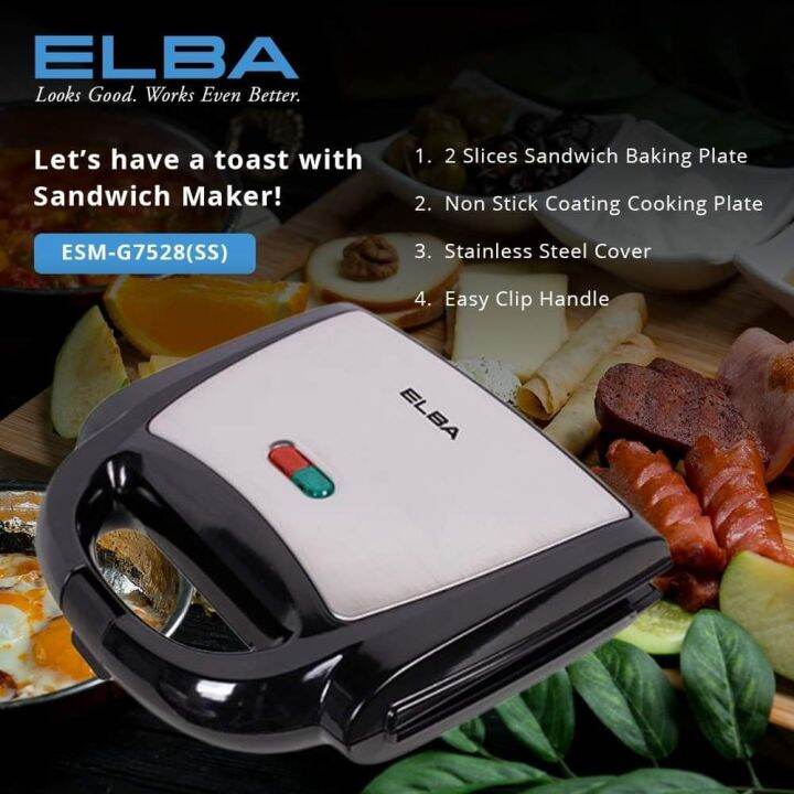 Elba Sandwich Maker ESM-G7528(SS) 750W Easy Clip Handle 2-Slice Sandwich Maker | Lazada