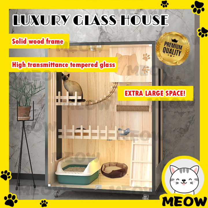 MEOW Premium Wood Indoor Cat Luxury Villa Cage Tempered Glass Door ...