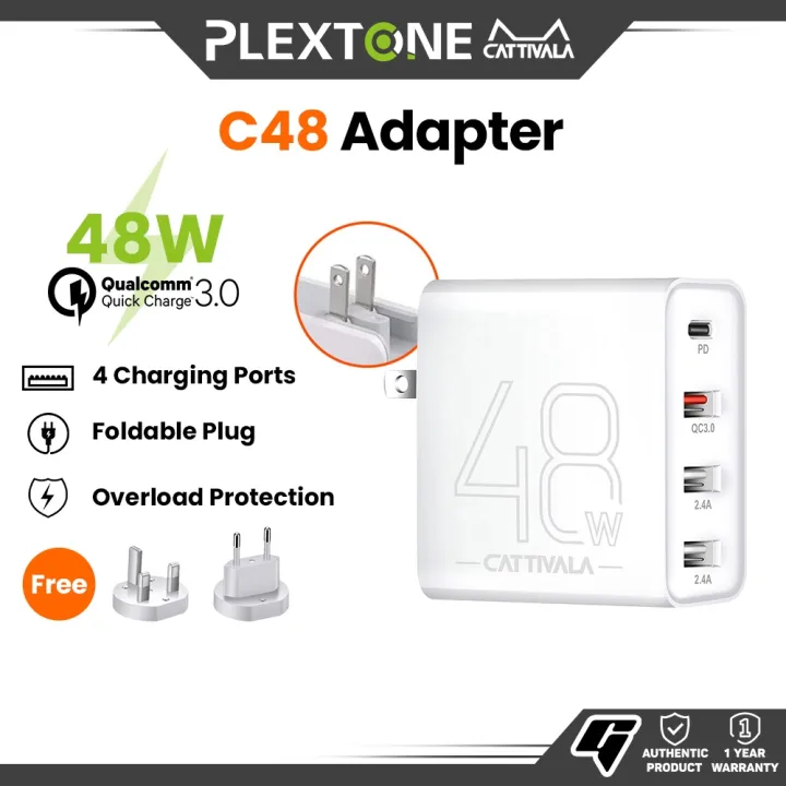 Plextone 48W PD Fast Charger 4 Ports 2.4A Qualcomm 3.0 Quick Charging ...