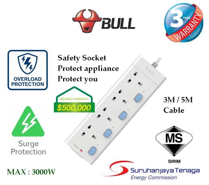 SIRIM Approved Bull Power strip Insured Warranty Surge protector ...