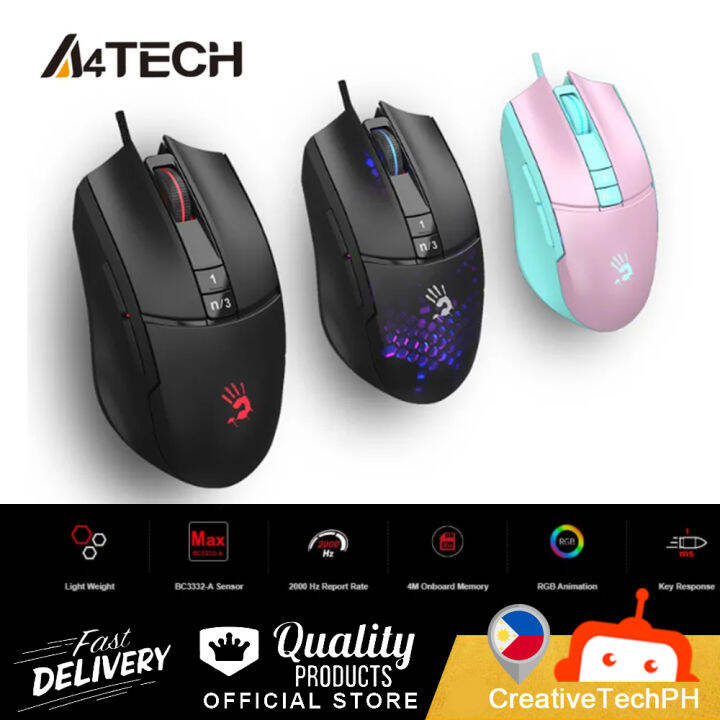 A4Tech Bloody L65 Max 12,000 CPI RGB 8000 FPS Braided Cable Lightweight Wired Gaming Mouse ...