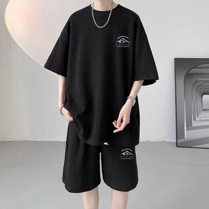 ชุดกีฬาวาฟเฟิลสไตล์มินิมอลญี่ปุ่นสำหรับผู้ชาย,เสื้อยืดแขนสั้นโอเวอร์ไซส์กางเกงขาสั้นแบบลำลองชุด ...