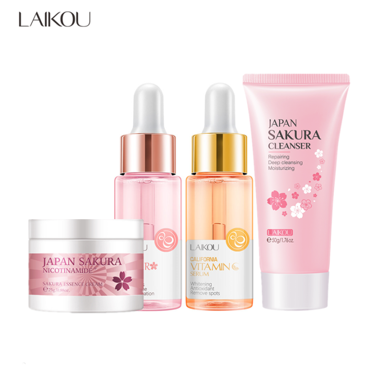 LAIKOU Skin Care Set 4pcs Sakura Serum + Cleanser +Moisturizer ...