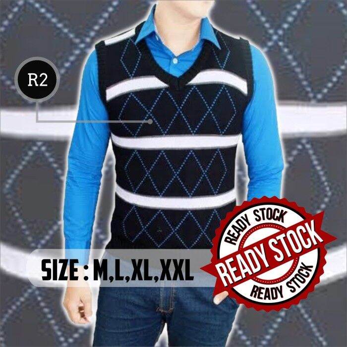 R2 - Rompi Rajut Motif Garis Hitam Putih Biru | Rompi Rajut Pria ...