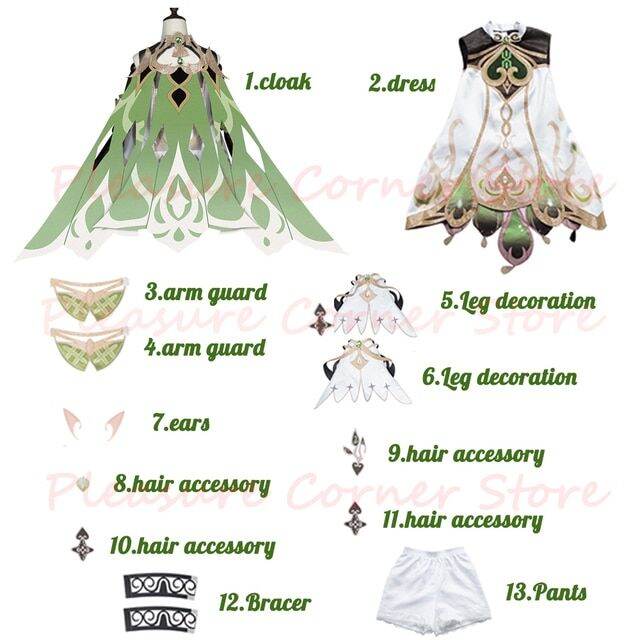 Genshin Impact 13pcs Nahida Cosplay Costume Wig Sumeru Dendro God