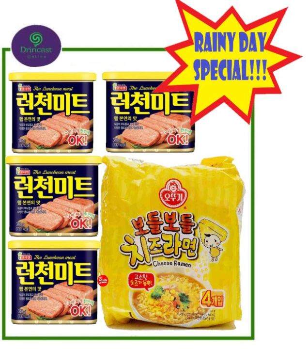 LOTTE PREMIUM LUNCHEON MEAT 340G X4 (4 Pieces) with OTTOGI Cheese Ramen 1 Pack (4 Pieces) Korean ...