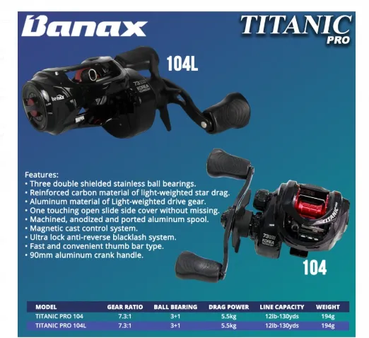 Banax Titanic Pro Baitcasting Fishing Reel 104/L Max Drag 5.5kg | Lazada