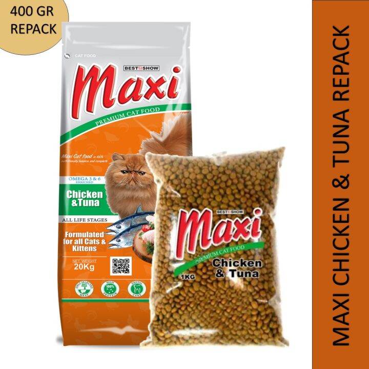 Makanan Kucing Maxi Cat Chicken & Tuna Kemasan Repack 400 gr | Lazada ...