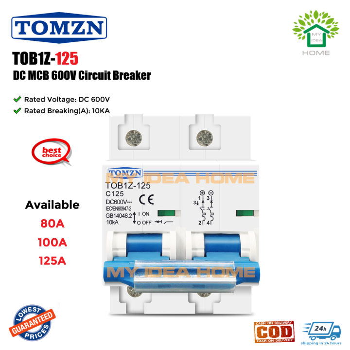 Tomzn 2p Dc Mcb 10ka 600v Mini Circuit Breaker 80a 100a 125a Tob1z