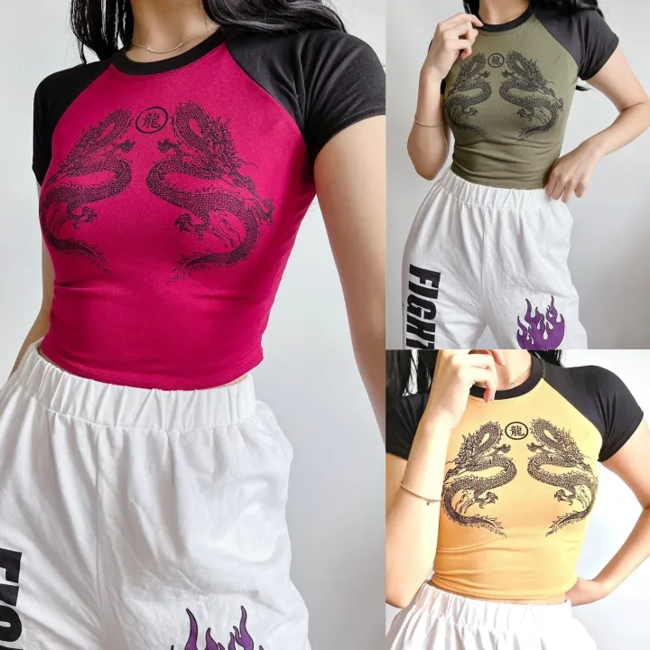 DM DRAGON PRINT Raglan Two Tone Crop Top | Lazada PH
