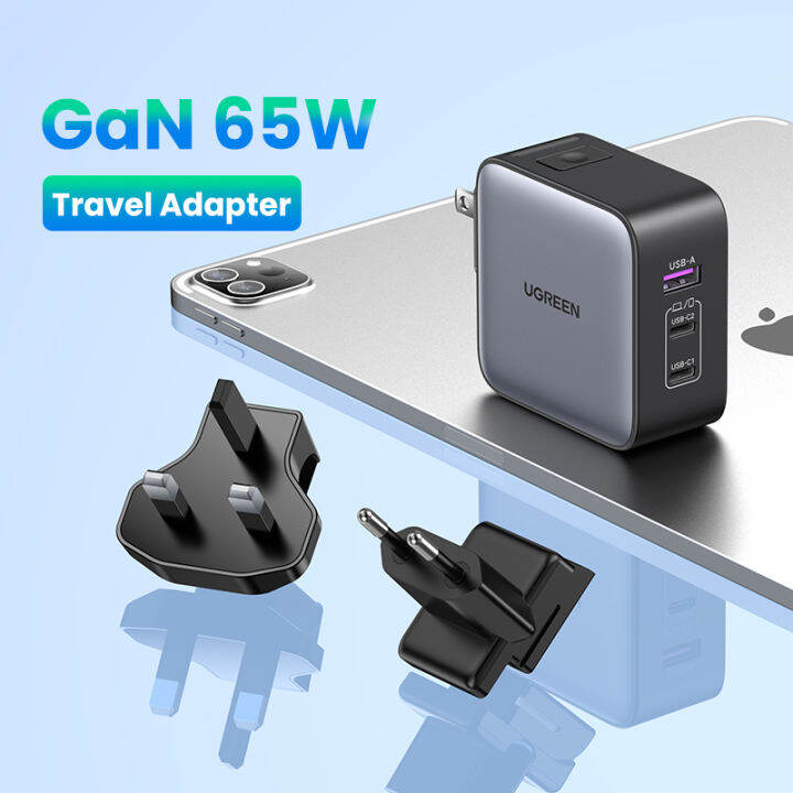 UGREEN 65W GaN PD Fast Travel Charger Quick Charge - 2C1A 2 Type C 1 USB A Charger with UK/EU/US ...