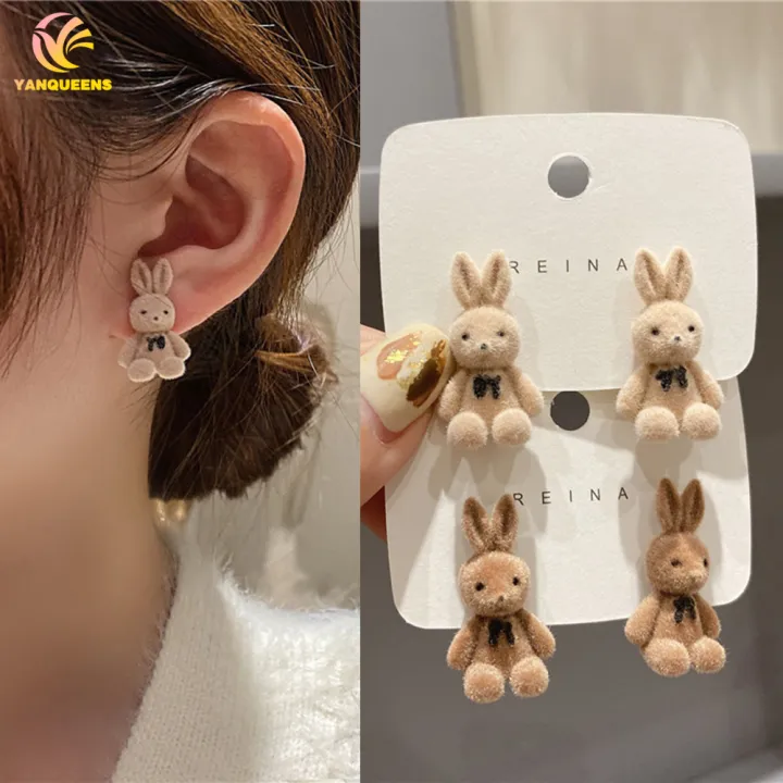 Yanลำเลียงเกาหลี Flocking กระต่ายต่างหูเม็ดกลม S925เข็มสัตว์หูกระดุมฤดูใบไม้ร่วงและฤดูหนาวสำหรับ ...