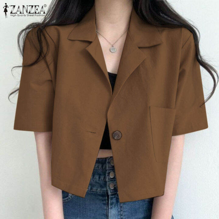 Zanzea Korean Style Womens Short Sleeve Plain Blazer Ol Office Workwear