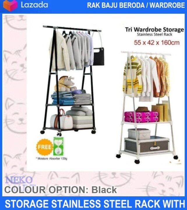 Rak Baju Beroda / Wardrobe Storage Stainless Steel Rack With Wheels ...