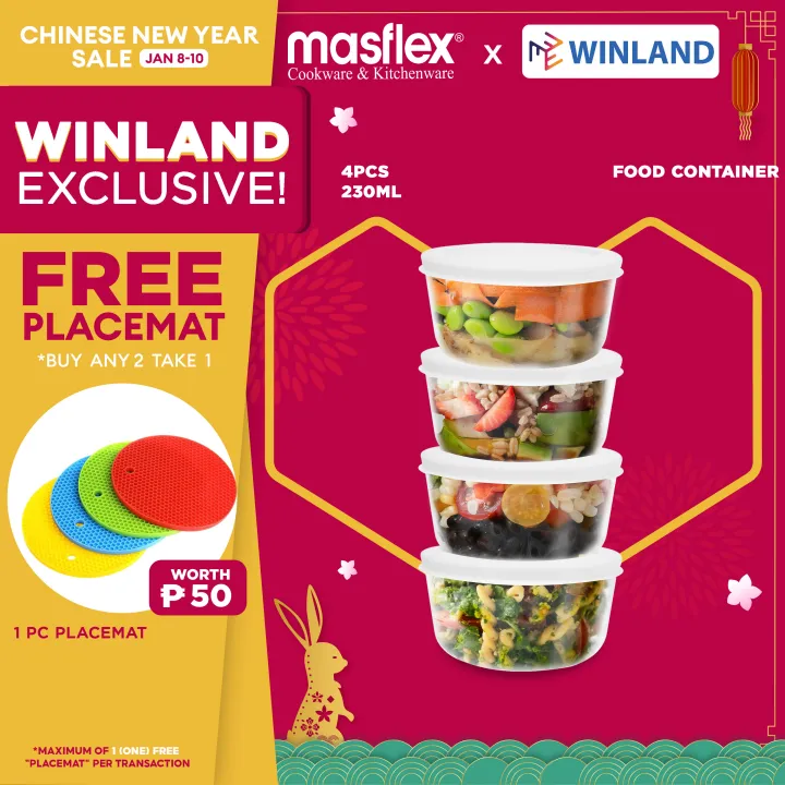 MASFLEX by Winland 4 Pieces Borosilicate Glass 230ml Food Container with Lid FE-230W/FE-230G ...