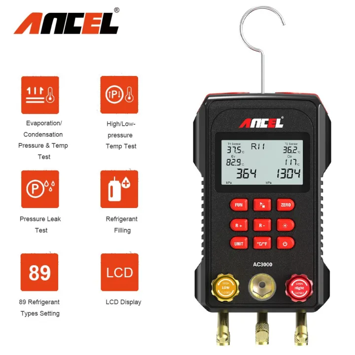 ANCEL AC3000 Manifold Digital Meter High Low Pressure Temperature Gauge ...