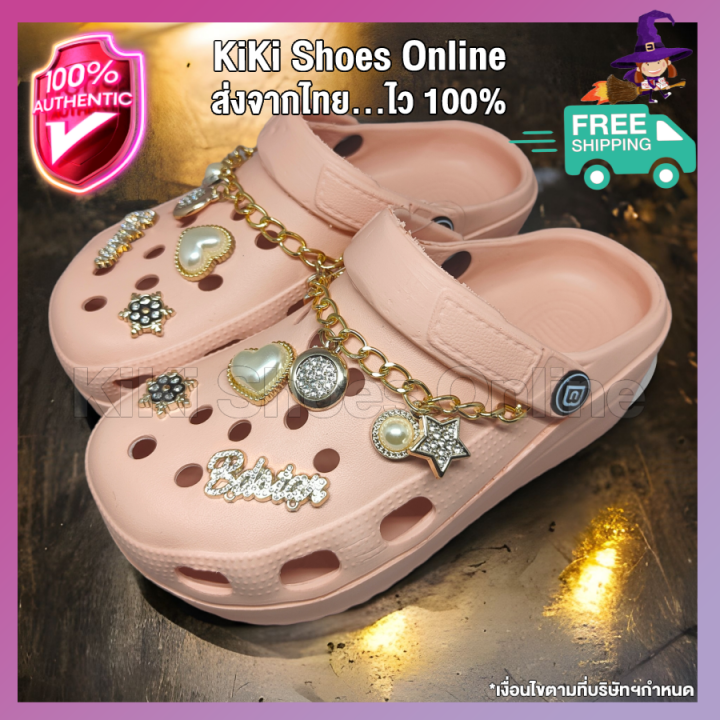 KiKi Shoes - รองเท้าแตะ หัวโต เสริมส้น พื้นสูง สไตล์ Crocs งานเพชรวิบ ...