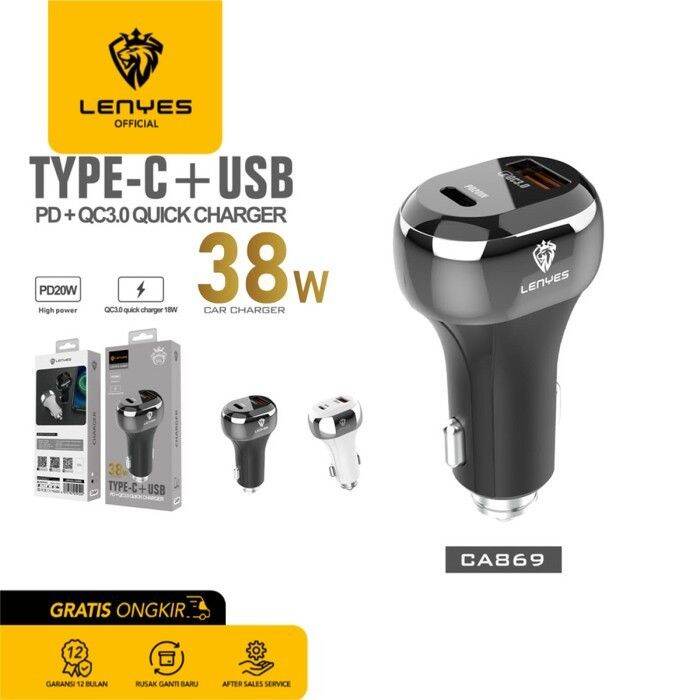 Lenyes CA869 Charger Mobil Fast Charge 38W Type C PD+QC 3.0 Original ...