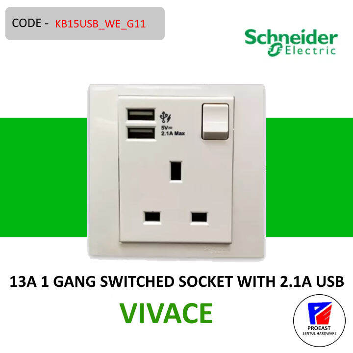 SCHNEIDER Electric Vivace 13A 1 Gang Switched Socket With 2.1A USB / 2 ...