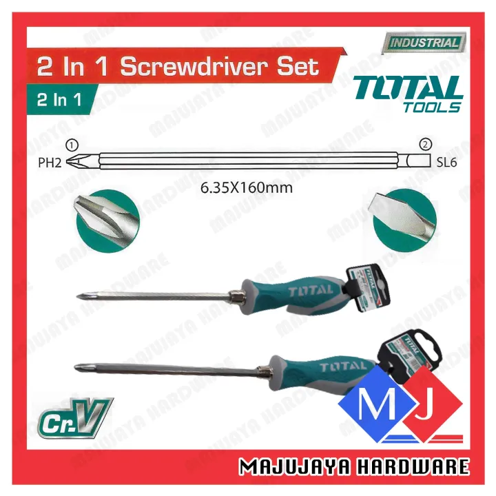 TOTAL 2-Way 2 Way Heavy Duty Screwdriver Drivers Slotted Tips Crosshead ...