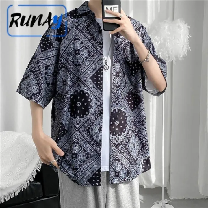 RUNAY มะม่วงหิมพานต์เสื้อเชิ้ตลายดอกชาย,เสื้อเชิ้ตแขนสั้นผ้าวิสคอสหล่อ ...