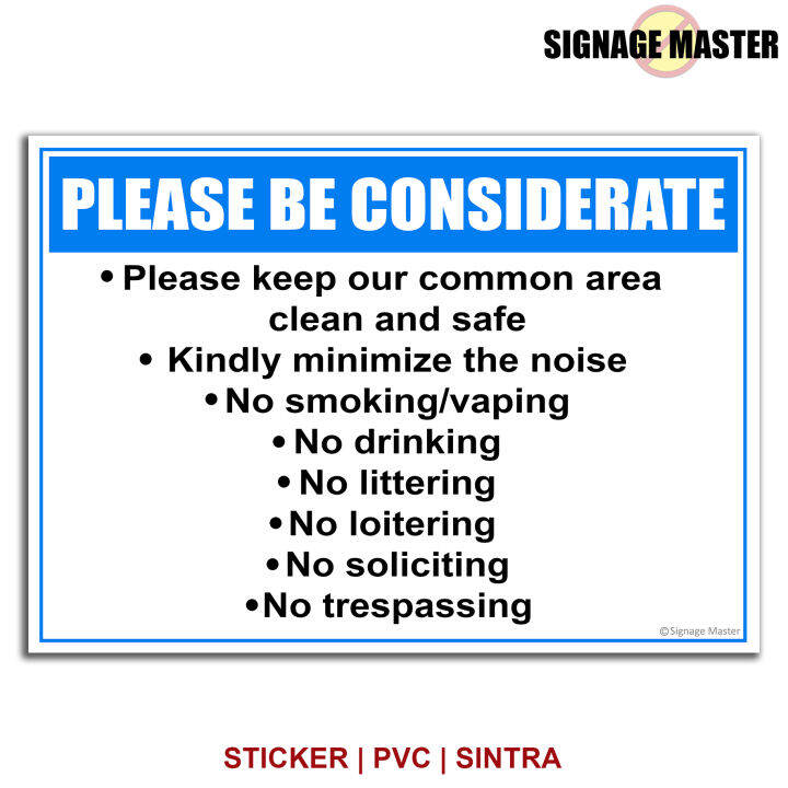 House Rule Be Considerate - Signage Sticker PVC Sintra Board - A4 Size ...