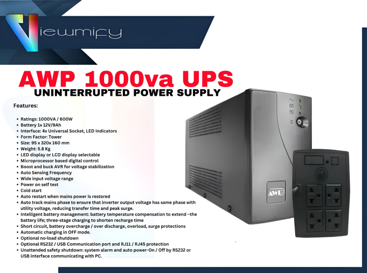 AWP 1kVA 600W UPS (Uninterrupted Power Supply) (Viewmify PH) | Lazada PH