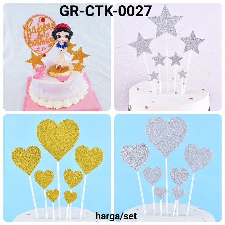 GR-CTK-0027 Cake topper kertas kue bintang hati gold merah silver ...