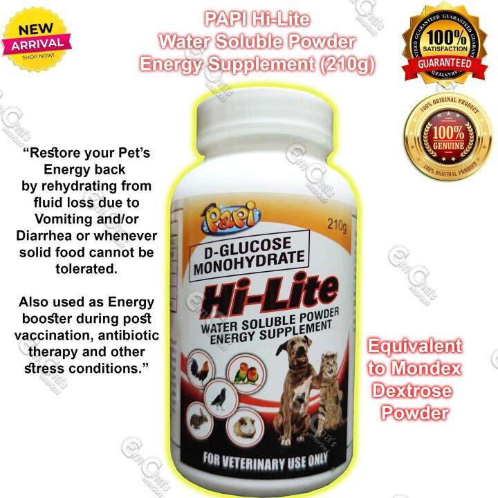 Papi Hi-Lite Dextrose Powder (210g) Water Soluble Powder Energy Supplement for Dogs Cats Birds ...