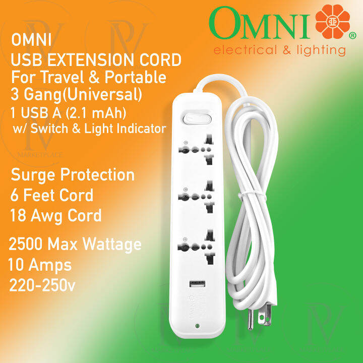 OMNI Portable Travel Extension Cord W/ Usb Port & 3 gang outlets ...