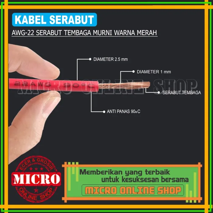 PAKET 3 METER Kabel Serabut AWG-22 Merah / Kabel AWG 22 / Kabel AWG ...