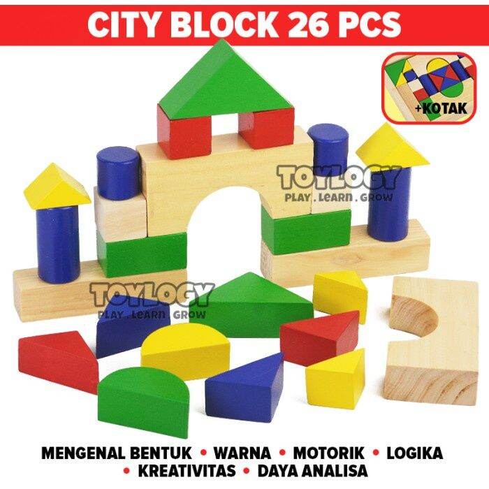 Mainan Kayu Edukasi Anak City Block Montessori Balok Susun Bangun ...