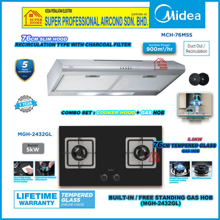 Midea 76cm Slim Hood MCH-76MSS Recirculation Wall Mount Slim Cooker ...