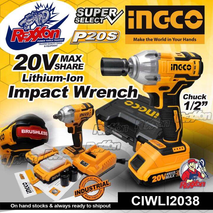 INGCO SUPER SELECT 20V Brushless Lithium Ion Cordless Impact Wrench Set ...