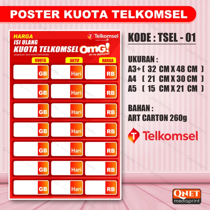 POSTER KONTER DAFTAR HARGA ISI ULANG KUOTA TELKOMSEL | Lazada Indonesia