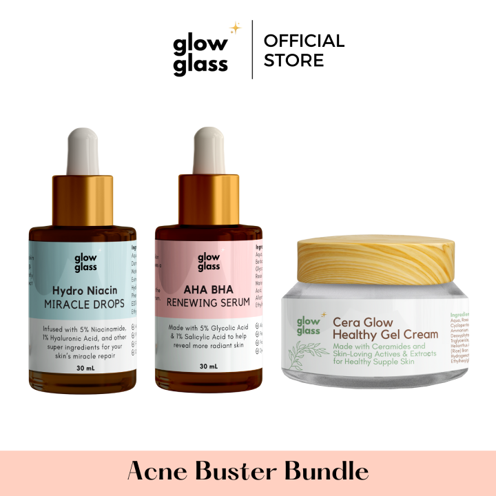 Glow Glass Acne Buster Bundle - 1 Hydro Niacin Miracle Drops, 1 AHA BHA ...