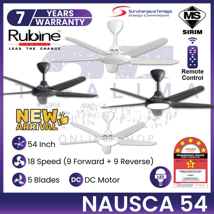 RUBINE Fan RUBINE NAUSCA Series 54" 5 Blades 18 Speed DC Motor Remote Control RUBINE NAUSCA ...